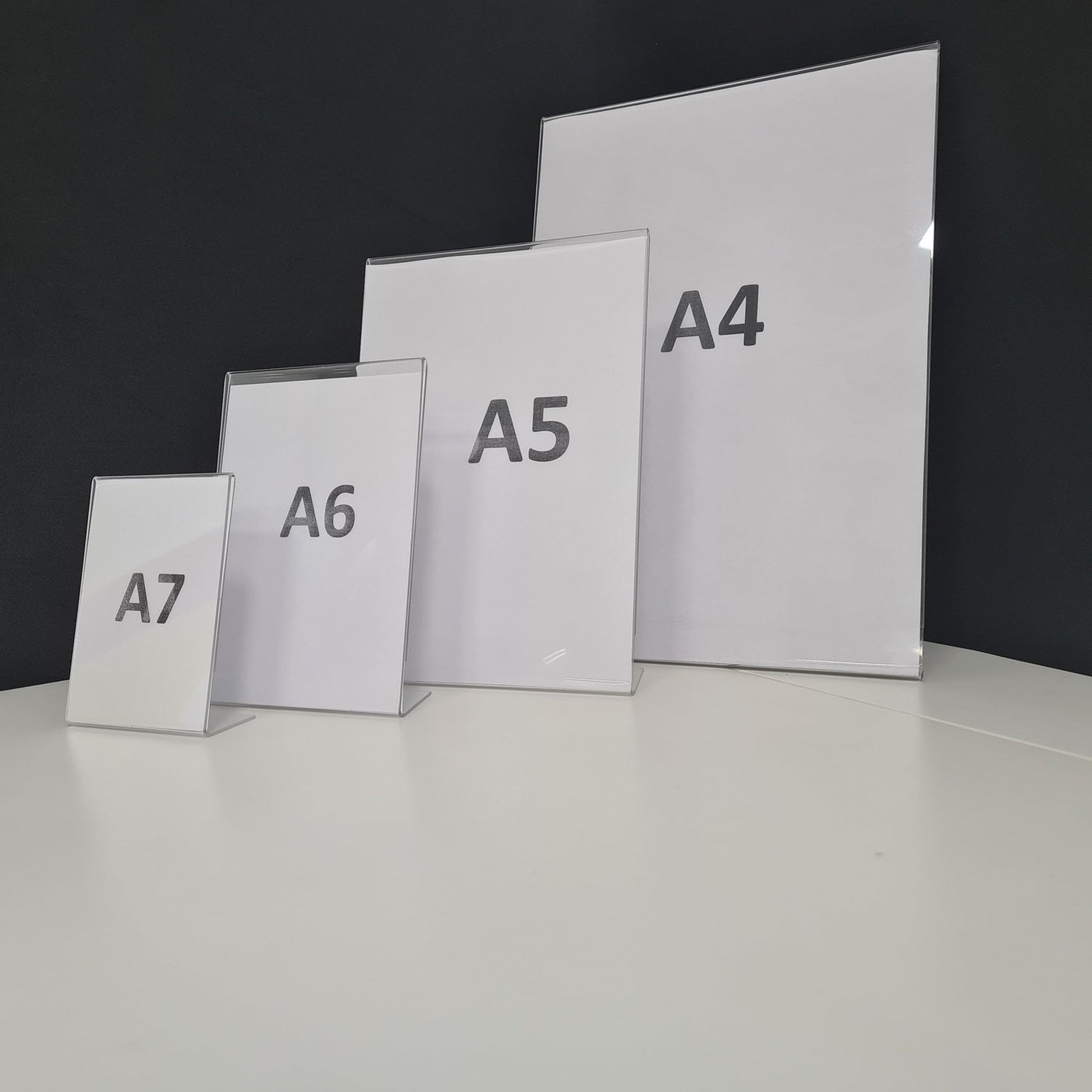Angled Clear Counter Top Sign Holder & Menu Stand A6 — Hang and Display