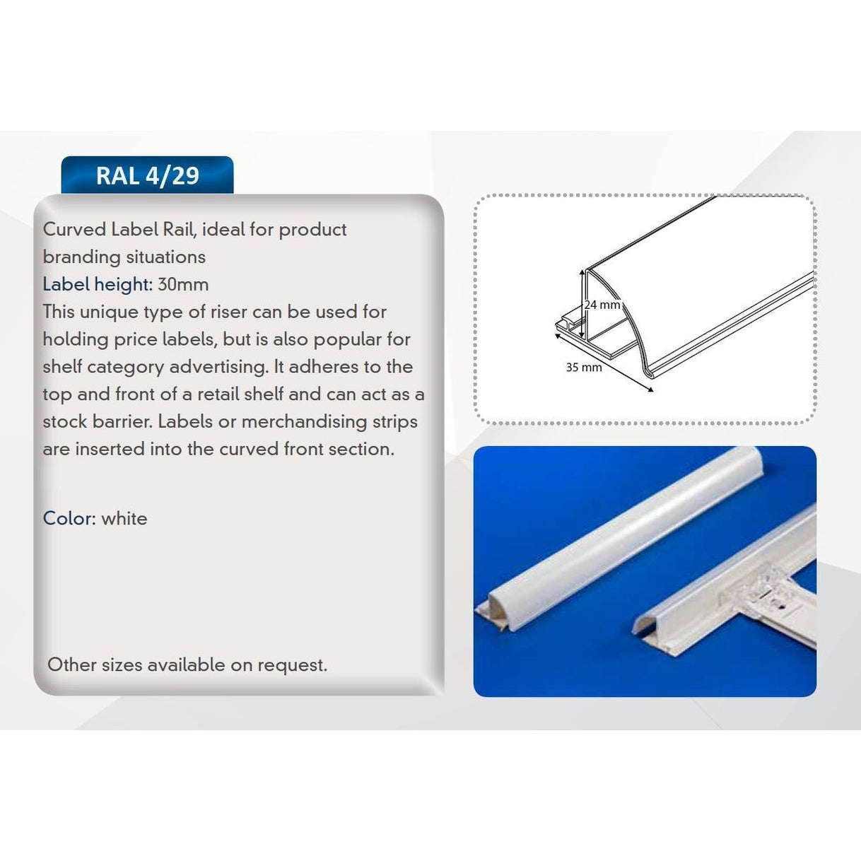 Curved Bullnose White POP Data Strip with T Rail and Adhesive 29mm Tic ...