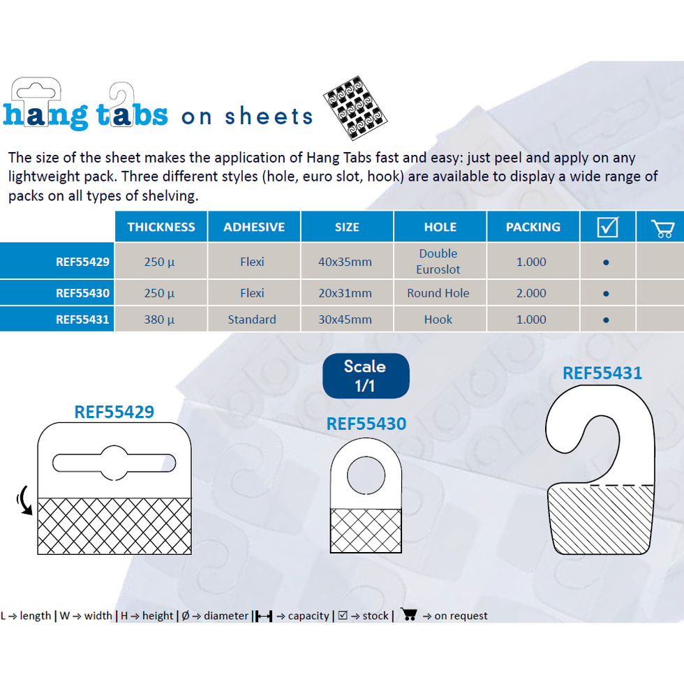 Self Adhesive Hang Tabs Round Hole on Sheet REF-55430 — Hang and Display